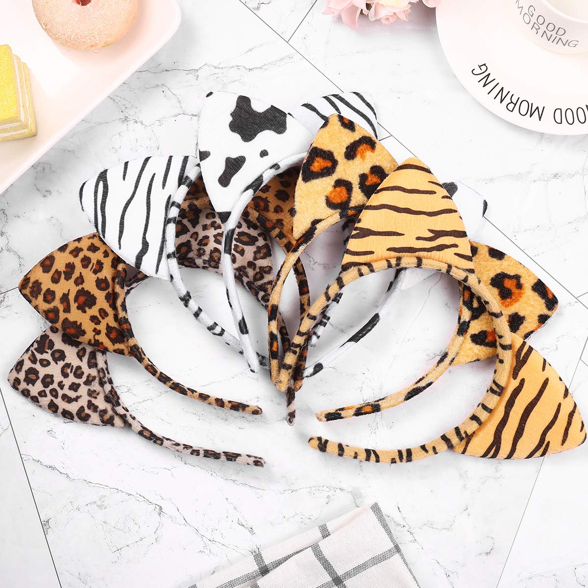 Lurrose 6pcs Plush Cheetah Leopard Grain Cat Ear Hairbands - Cosplay Hair Hoops and Headbands for Halloween, Festivals, Holidays