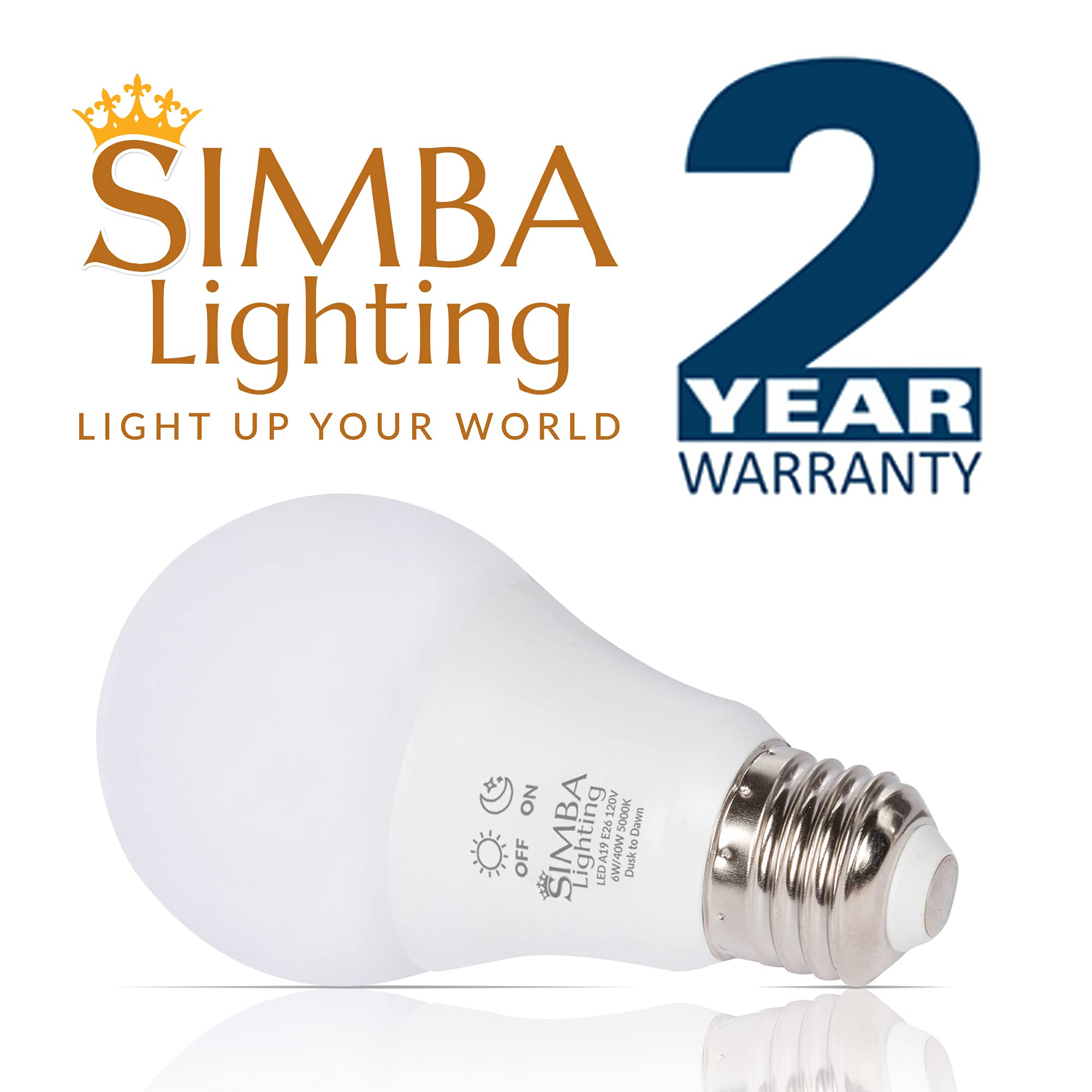 Simba Lighting LED Outdoor Light Bulbs with Photocell Sensor Dusk to Dawn Smart Auto On and Off (4 Pack) A19 6W 40W Replacement for Porch, Night Light, Garage Door, E26 Medium Base, 5000K Daylight