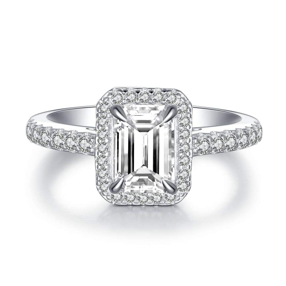 BeFab Silver 1.0 Ct (7x5mm) Emerald Cut Engagement Ring Accented Halo Wedding Ring Half Eternity Radiant Cut Anniversary Ring (Silver, 7)