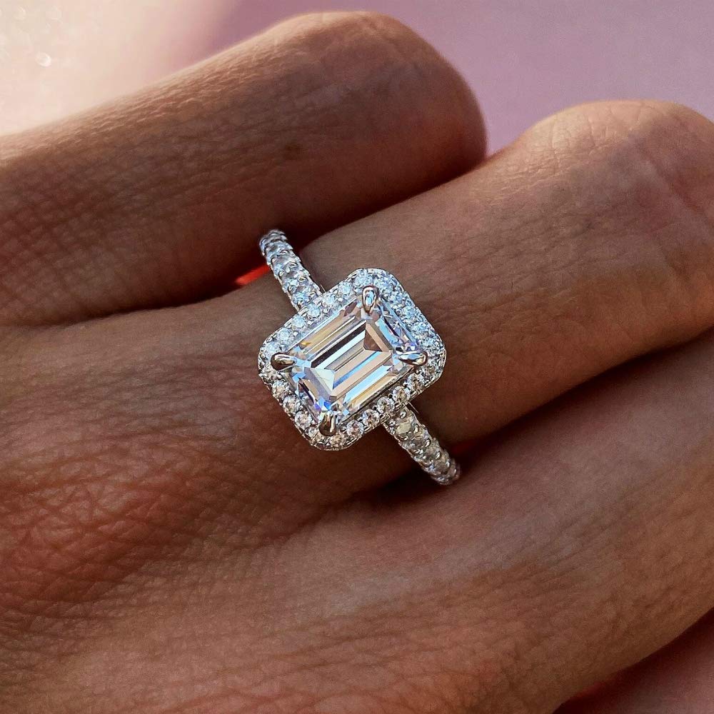 BeFab Silver 1.0 Ct (7x5mm) Emerald Cut Engagement Ring Accented Halo Wedding Ring Half Eternity Radiant Cut Anniversary Ring (Silver, 7)