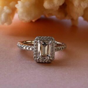 BeFab Silver 1.0 Ct (7x5mm) Emerald Cut Engagement Ring Accented Halo Wedding Ring Half Eternity Radiant Cut Anniversary Ring (Silver, 7)