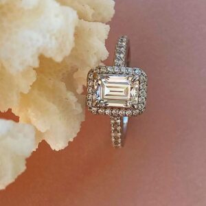 BeFab Silver 1.0 Ct (7x5mm) Emerald Cut Engagement Ring Accented Halo Wedding Ring Half Eternity Radiant Cut Anniversary Ring (Silver, 7)