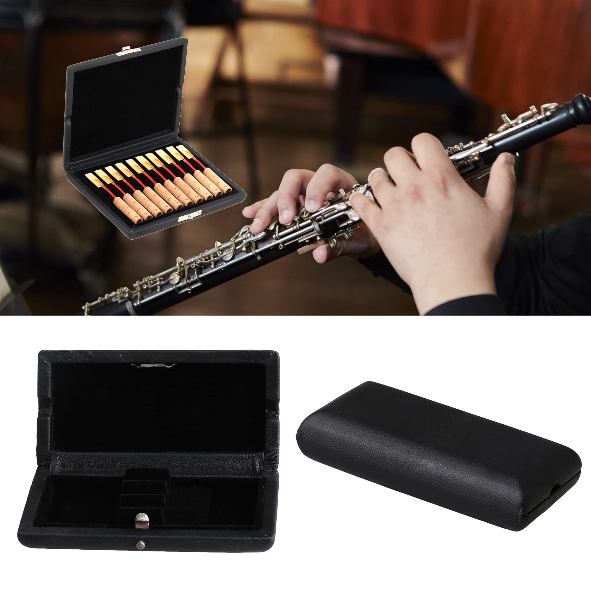 Bstinay Black Wooden & PU Leather Oboe Reed Case Holder Storage Box for 3pcs Oboe Reeds