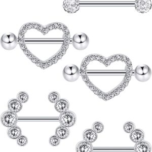 Arardo 14G 316L Stainless Steel CZ Nipple Rings Set Surgical Steel Nipple Barbell For Women Nipple Piercing Jewelry 6Pcs Silver AB0030-1