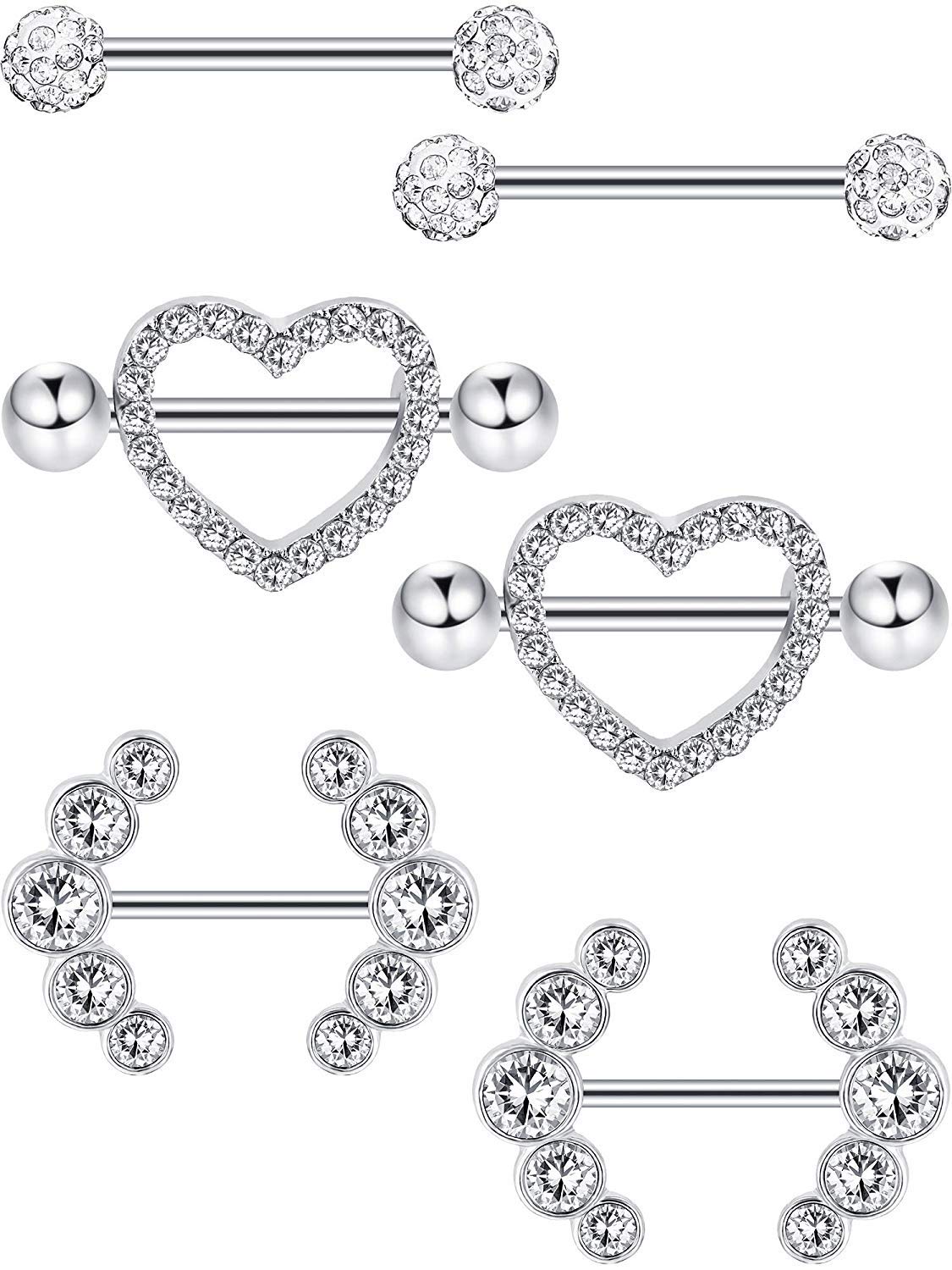 Arardo 14G 316L Stainless Steel CZ Nipple Rings Set Surgical Steel Nipple Barbell For Women Nipple Piercing Jewelry 6Pcs Silver AB0030-1