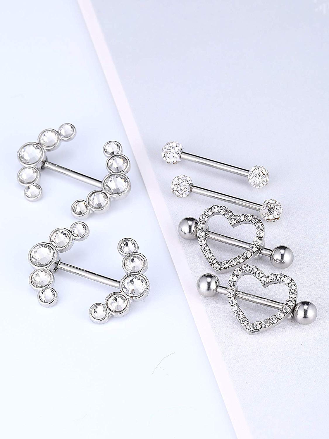 Arardo 14G 316L Stainless Steel CZ Nipple Rings Set Surgical Steel Nipple Barbell For Women Nipple Piercing Jewelry 6Pcs Silver AB0030-1