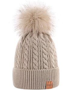 alepo womens winter beanie hat, warm fleece lined knitted soft ski cuff cap with pom pom(beige)