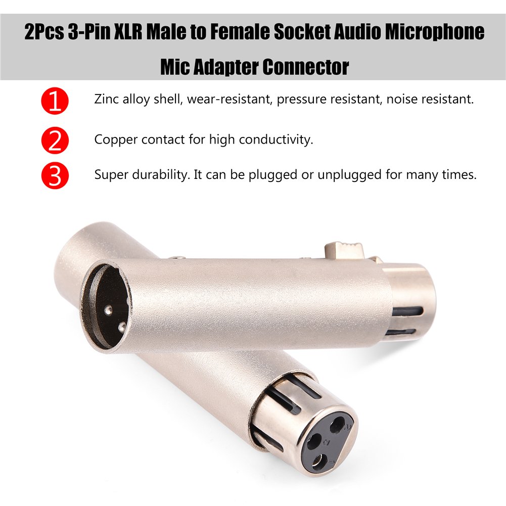 Zerone 2Pcs 3-Pin XLR Male to Female Socket Connector Audio Microphone Mic Extension Adapter Gender Changer Coupler