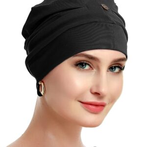 osvyo Cotton Chemo Turbans for Women Cancer hairloss hat - Cotton LightWeight headwear Sealed Packaging BLACK