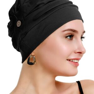 osvyo Cotton Chemo Turbans for Women Cancer hairloss hat - Cotton LightWeight headwear Sealed Packaging BLACK