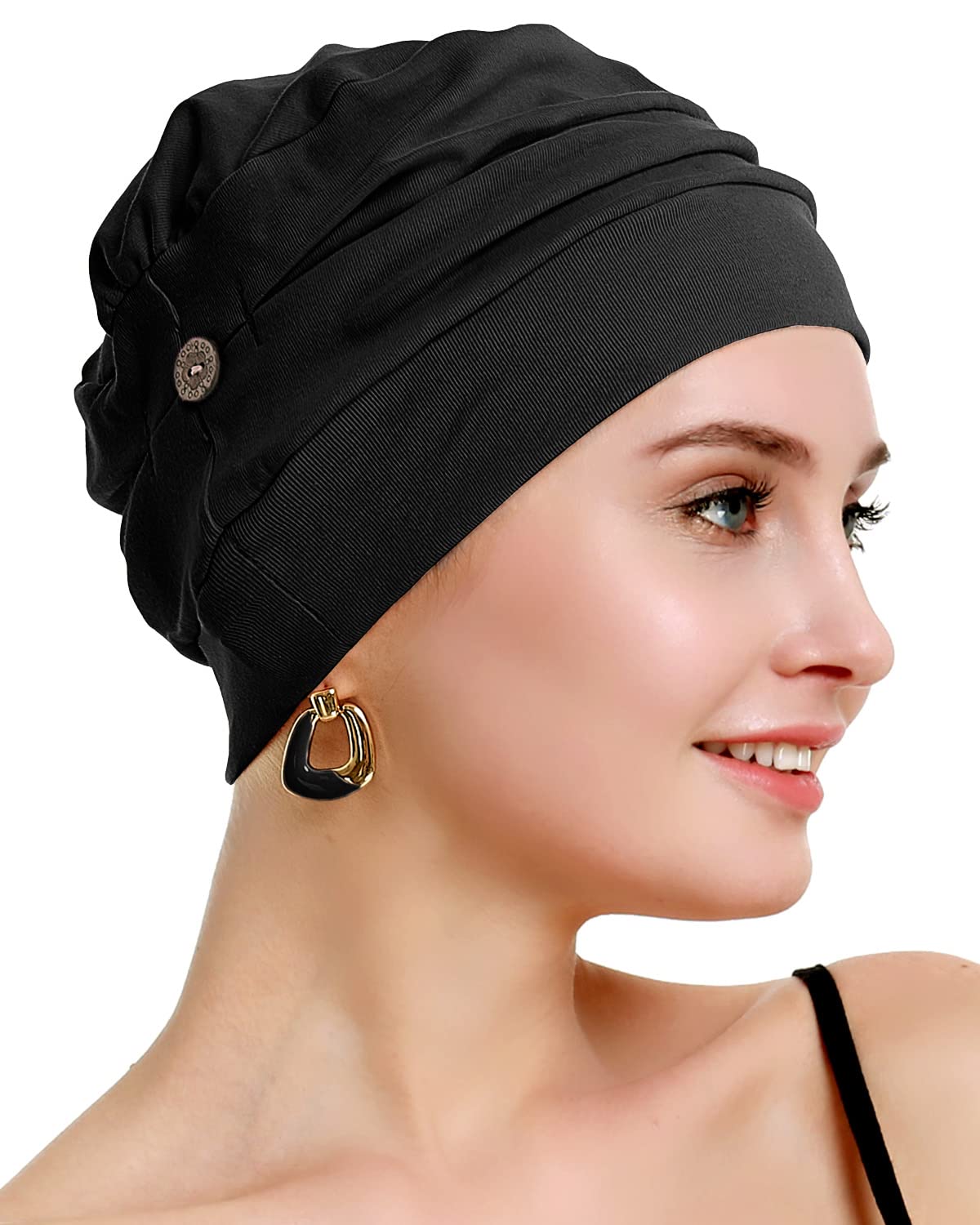 osvyo Cotton Chemo Turbans for Women Cancer hairloss hat - Cotton LightWeight headwear Sealed Packaging BLACK