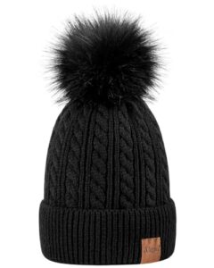 alepo womens winter beanie hat, warm fleece lined knitted soft ski cuff cap with pom pom(black)