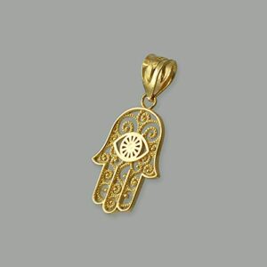 LA BLINGZ 14K Yellow Gold Filigree Hamsa Evil Eye Charm Necklace (22" Necklace)