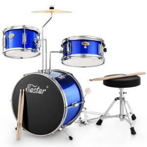 drum set eastar 14 '' drum kit for kids beginners, 3-piece with adjustable throne, cymbal, pedal & 2 pairs of drumsticks, junior drum set with bass tom snare drum, mirror blue