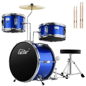 Drum Set Eastar 14 '' Drum Kit for Kids Beginners, 3-Piece with Adjustable Throne, Cymbal, Pedal & 2 Pairs of Drumsticks, Junior Drum Set with Bass Tom Snare Drum, Mirror Blue