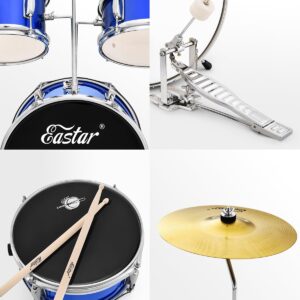 Drum Set Eastar 14 '' Drum Kit for Kids Beginners, 3-Piece with Adjustable Throne, Cymbal, Pedal & 2 Pairs of Drumsticks, Junior Drum Set with Bass Tom Snare Drum, Mirror Blue