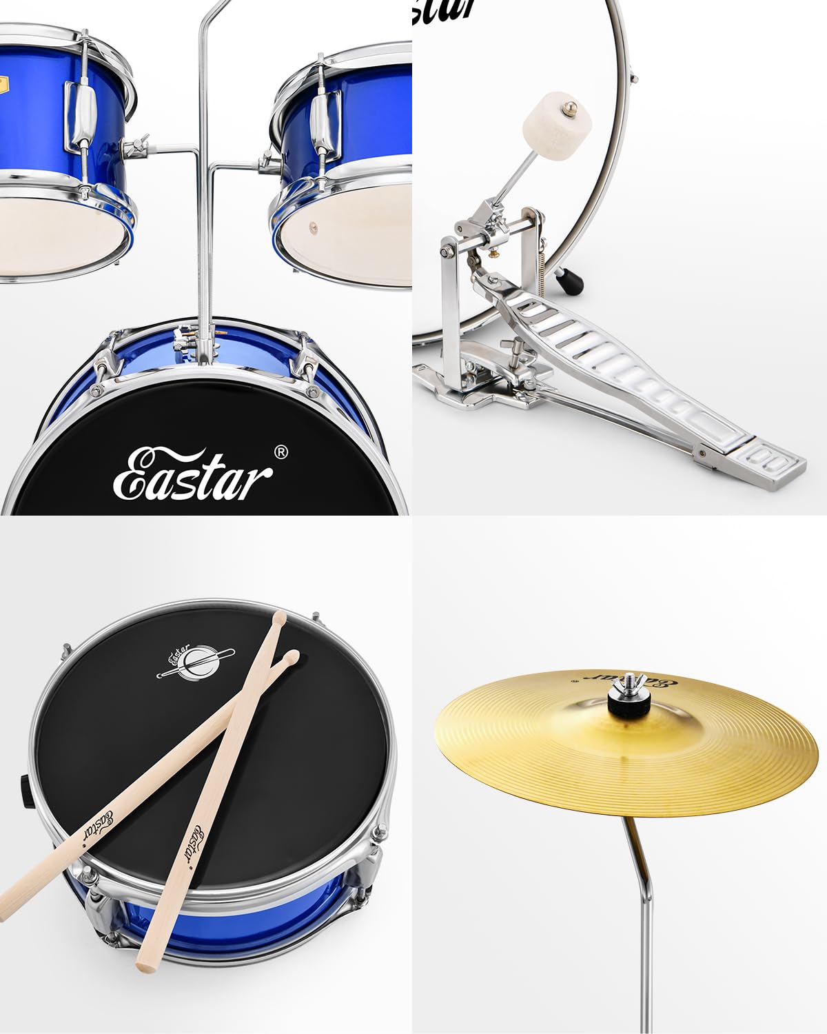 Drum Set Eastar 14 '' Drum Kit for Kids Beginners, 3-Piece with Adjustable Throne, Cymbal, Pedal & 2 Pairs of Drumsticks, Junior Drum Set with Bass Tom Snare Drum, Mirror Blue