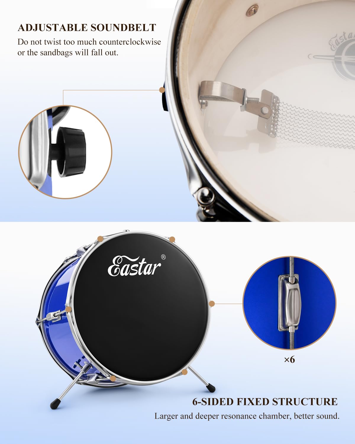 Drum Set Eastar 14 '' Drum Kit for Kids Beginners, 3-Piece with Adjustable Throne, Cymbal, Pedal & 2 Pairs of Drumsticks, Junior Drum Set with Bass Tom Snare Drum, Mirror Blue