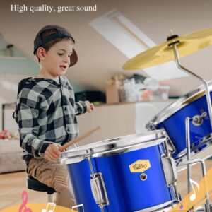 Drum Set Eastar 14 '' Drum Kit for Kids Beginners, 3-Piece with Adjustable Throne, Cymbal, Pedal & 2 Pairs of Drumsticks, Junior Drum Set with Bass Tom Snare Drum, Mirror Blue