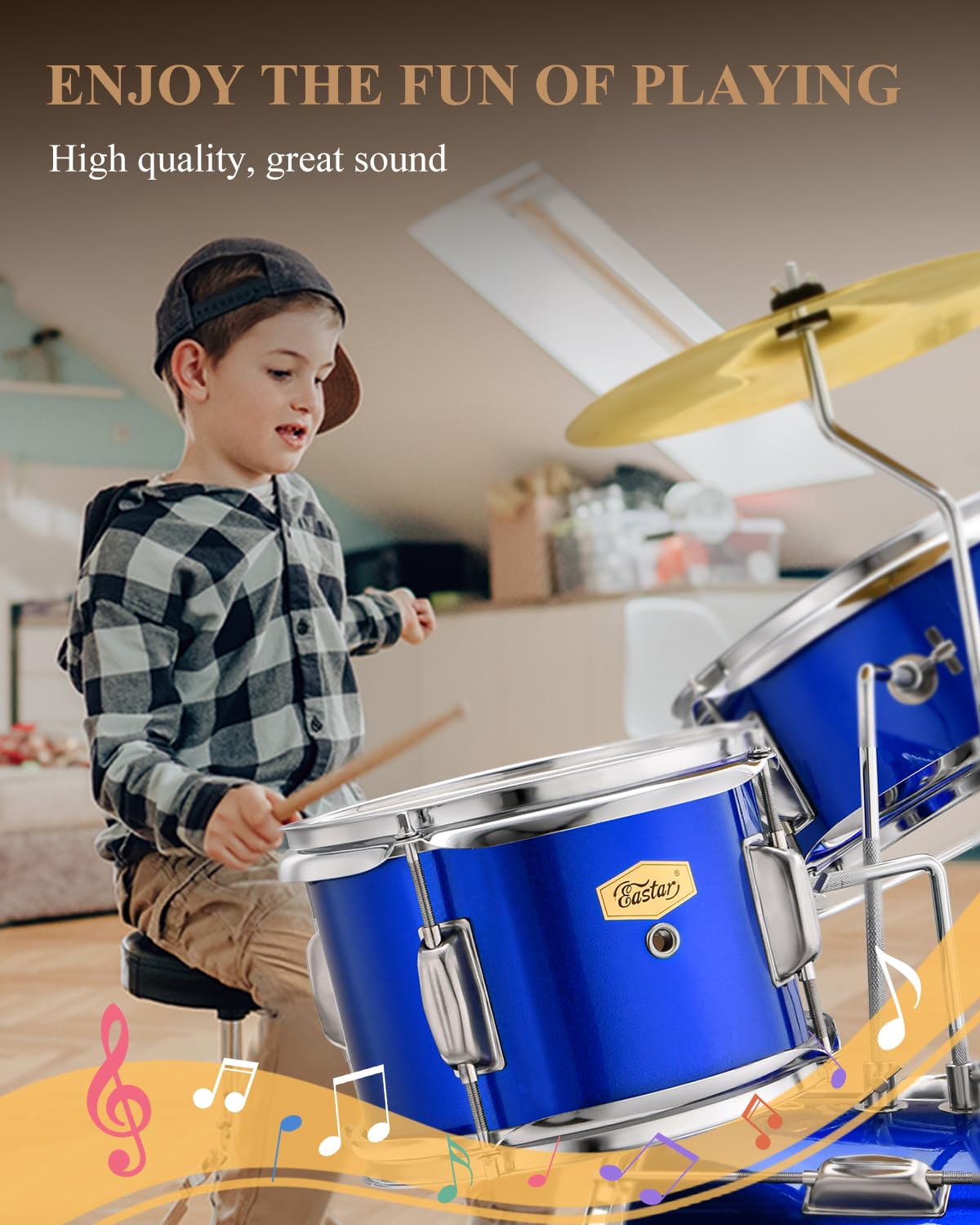 Drum Set Eastar 14 '' Drum Kit for Kids Beginners, 3-Piece with Adjustable Throne, Cymbal, Pedal & 2 Pairs of Drumsticks, Junior Drum Set with Bass Tom Snare Drum, Mirror Blue