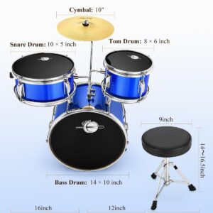 Drum Set Eastar 14 '' Drum Kit for Kids Beginners, 3-Piece with Adjustable Throne, Cymbal, Pedal & 2 Pairs of Drumsticks, Junior Drum Set with Bass Tom Snare Drum, Mirror Blue