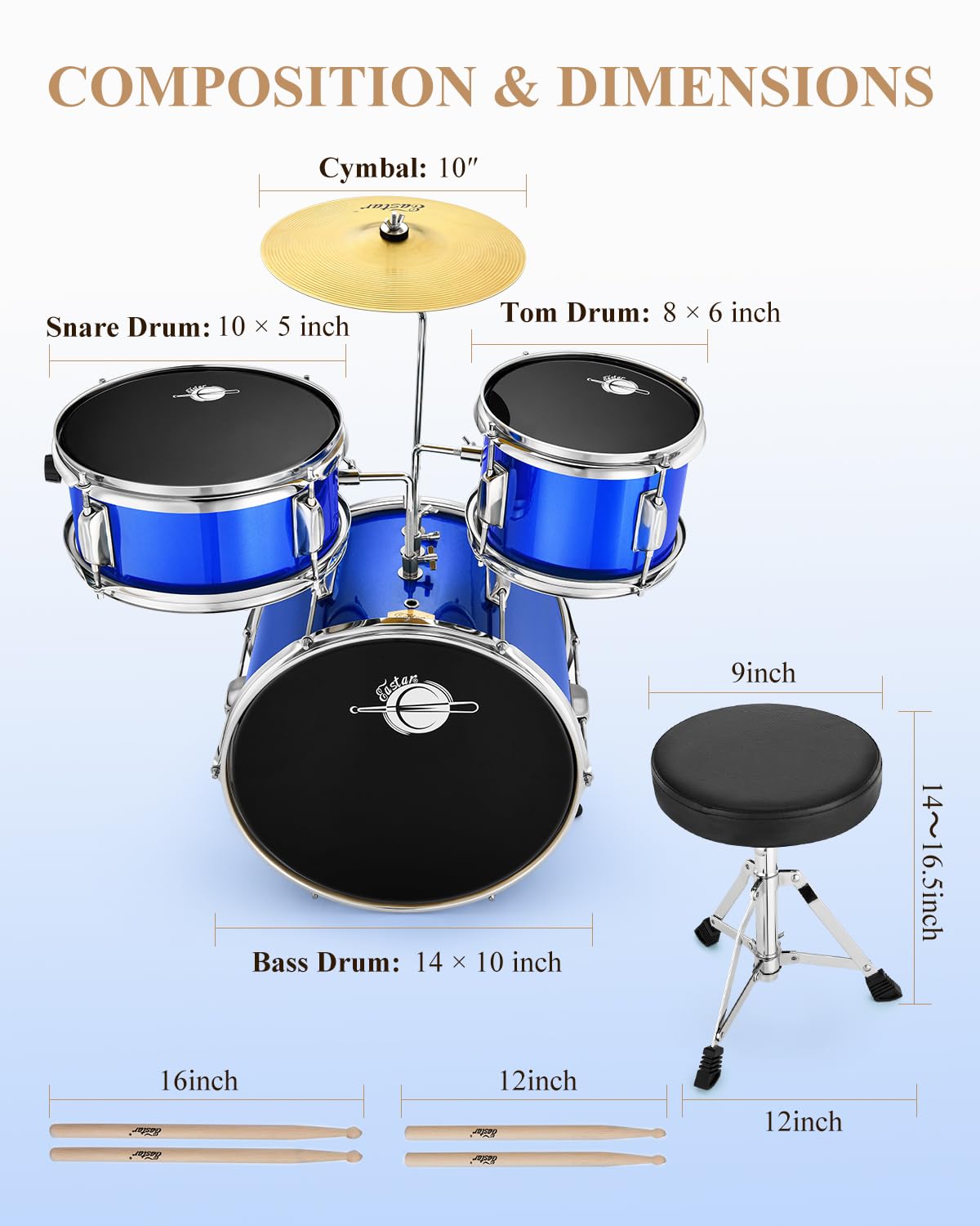 Drum Set Eastar 14 '' Drum Kit for Kids Beginners, 3-Piece with Adjustable Throne, Cymbal, Pedal & 2 Pairs of Drumsticks, Junior Drum Set with Bass Tom Snare Drum, Mirror Blue