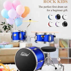 Drum Set Eastar 14 '' Drum Kit for Kids Beginners, 3-Piece with Adjustable Throne, Cymbal, Pedal & 2 Pairs of Drumsticks, Junior Drum Set with Bass Tom Snare Drum, Mirror Blue