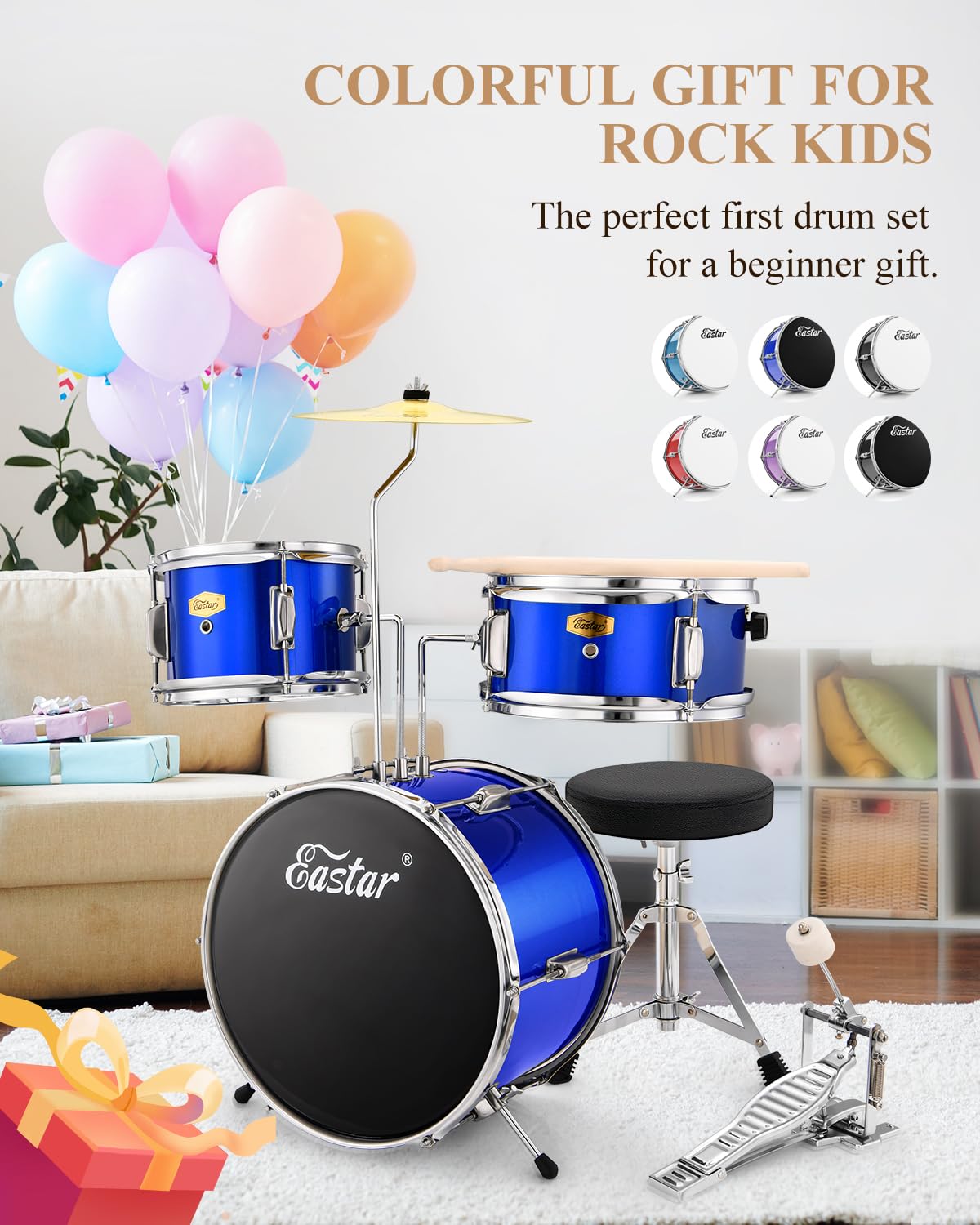 Drum Set Eastar 14 '' Drum Kit for Kids Beginners, 3-Piece with Adjustable Throne, Cymbal, Pedal & 2 Pairs of Drumsticks, Junior Drum Set with Bass Tom Snare Drum, Mirror Blue