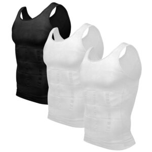 odoland men's 3 pack body shaper base layer shirt tummy shirt, black/white/white, xl