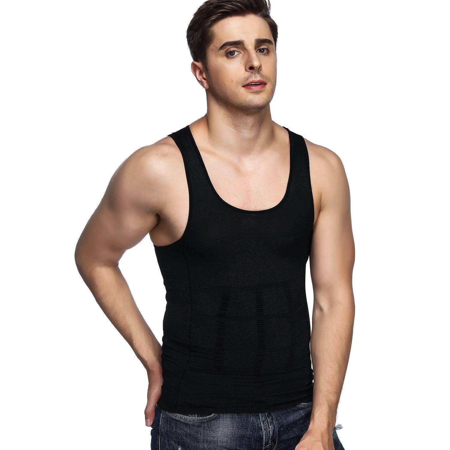 Odoland Men's 3 Pack Body Shaper Base Layer Shirt Tummy Shirt, Black/White/White, XL