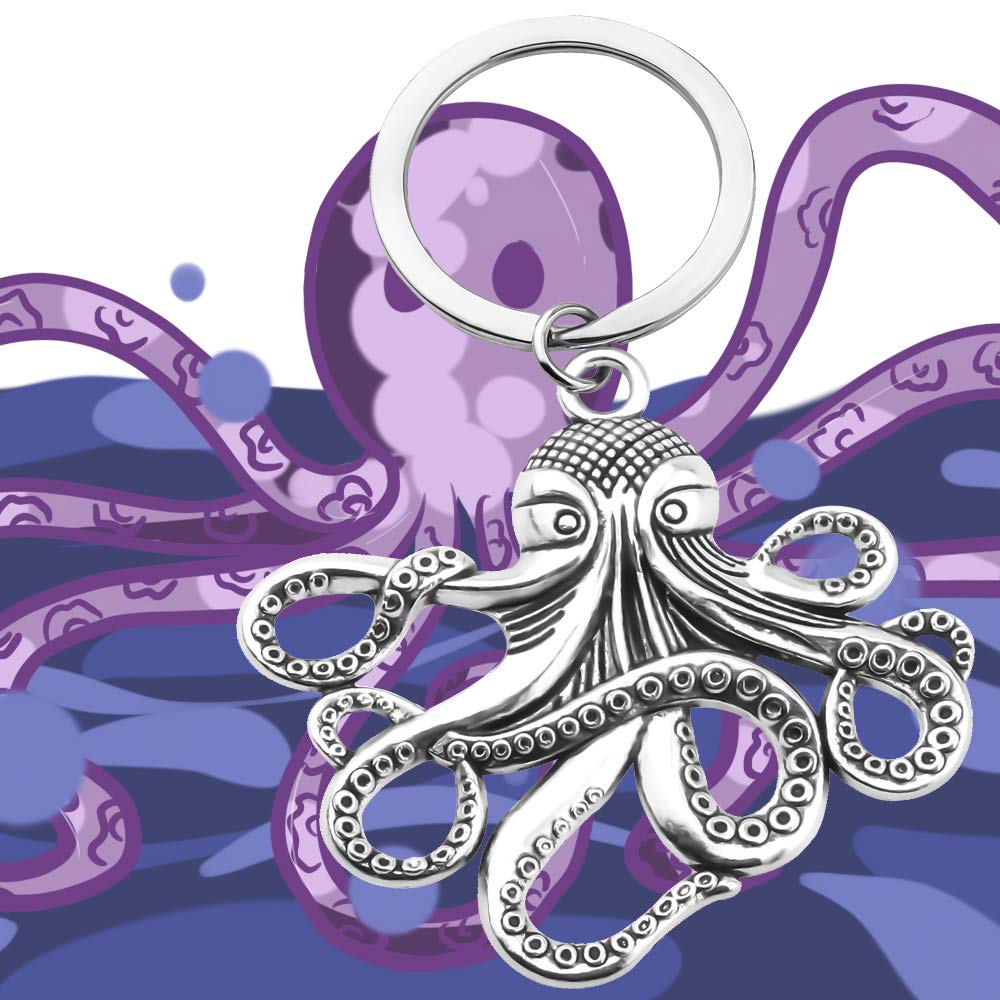 BEKECH Sea Jewelry Octopus Keychain Sea Life Black Eyed Squid Octopus Charm Keychain Sea Animal Jewelry Pirate Accessory Gift (silver)