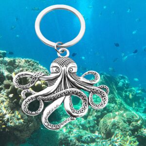 BEKECH Sea Jewelry Octopus Keychain Sea Life Black Eyed Squid Octopus Charm Keychain Sea Animal Jewelry Pirate Accessory Gift (silver)