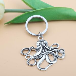 BEKECH Sea Jewelry Octopus Keychain Sea Life Black Eyed Squid Octopus Charm Keychain Sea Animal Jewelry Pirate Accessory Gift (silver)