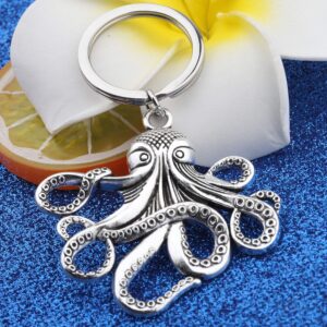 BEKECH Sea Jewelry Octopus Keychain Sea Life Black Eyed Squid Octopus Charm Keychain Sea Animal Jewelry Pirate Accessory Gift (silver)