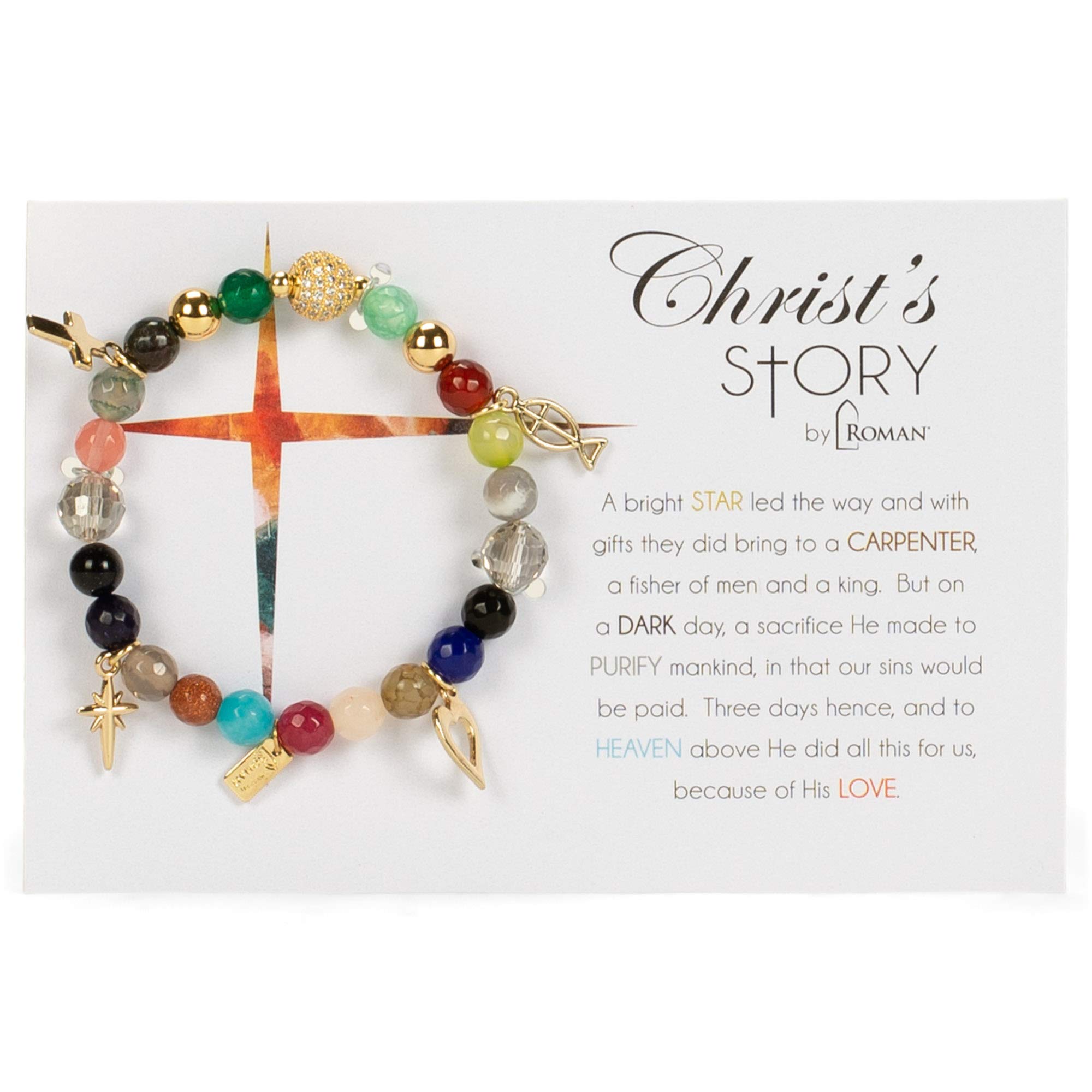 Roman 7-inch Christ Story Agate Gold Stretch Carded Bracelet