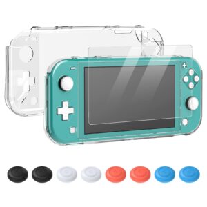 crystal clear cover case for switch lite, ultra slim clear hard pc protective case compatible with nintendo switch lite with a glass screen protector and 8 thumb grips caps