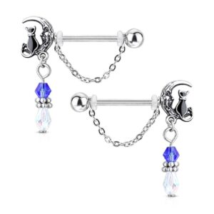 pierced owl 14ga cat and crescent moon with bead chain dangle nipple barbells, sold as a pair