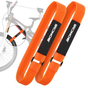 boncas adjustable bike rack strap 24" bicycle wheel stabilizer straps with innovative gel grip keep the bicycle wheel from spinning - orange 2 pack