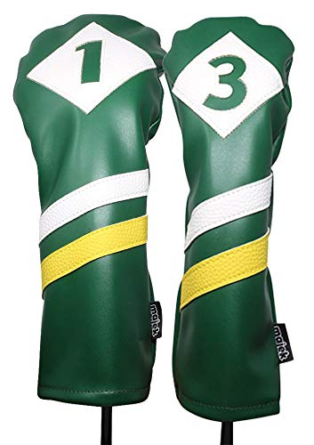 Majek Retro Golf Headcovers Green White and Yellow Vintage Leather Style 1 & 3 Driver and Fairway Head Cover Fits 460cc Drivers Classic Look