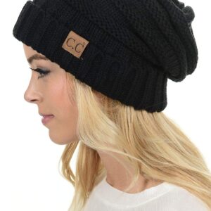 C.C Hat-100 Oversized Baggy Slouch Thick Warm Cap Hat Skully Cable Knit Beanie Black