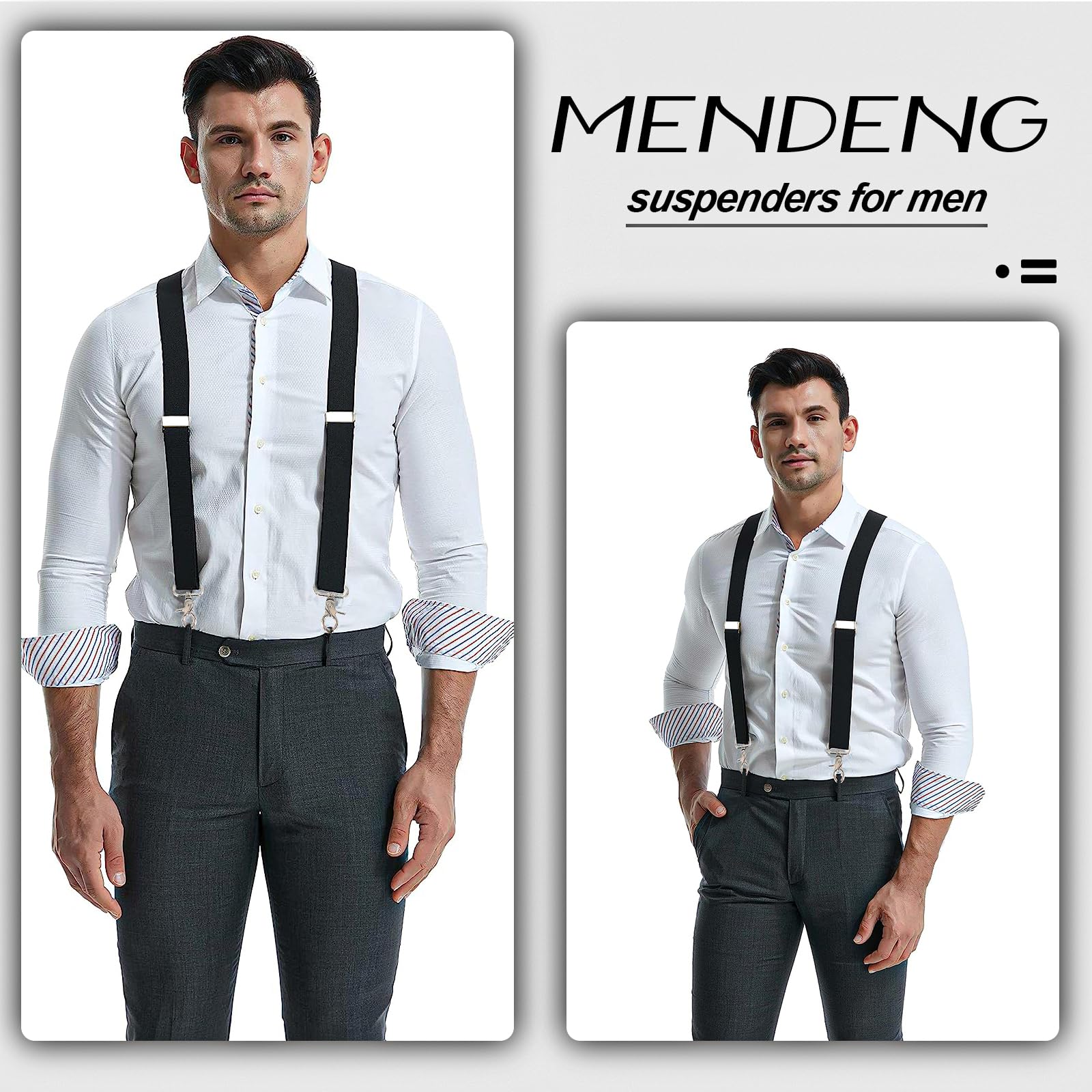 MENDENG Black Suspenders for Men with 4 Snap Hooks Adjustable Braces Groomsmen