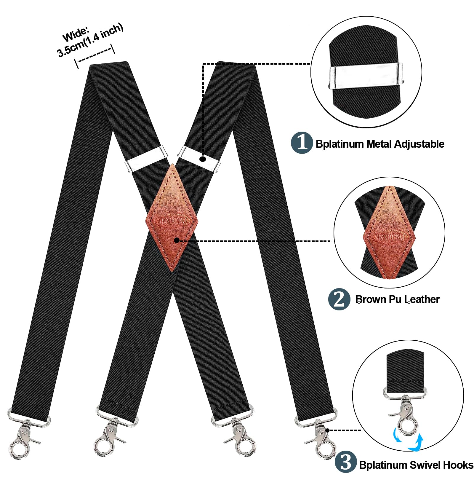 MENDENG Black Suspenders for Men with 4 Snap Hooks Adjustable Braces Groomsmen