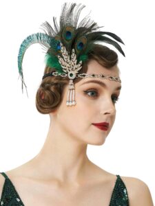 babeyond 1920s flapper headband feather headpiece roaring 20s gatsby hair accessories for women (peacock green)