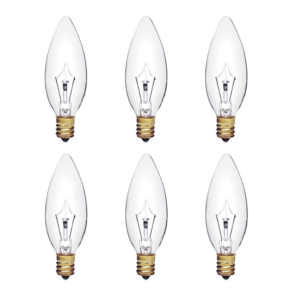 25W B8 Incandescent Clear Chandelier Light Bulb, Torpedo Tip, E12 Candelabra Base, 160 Lumens, Dimmable, 120V, (6 Pack)