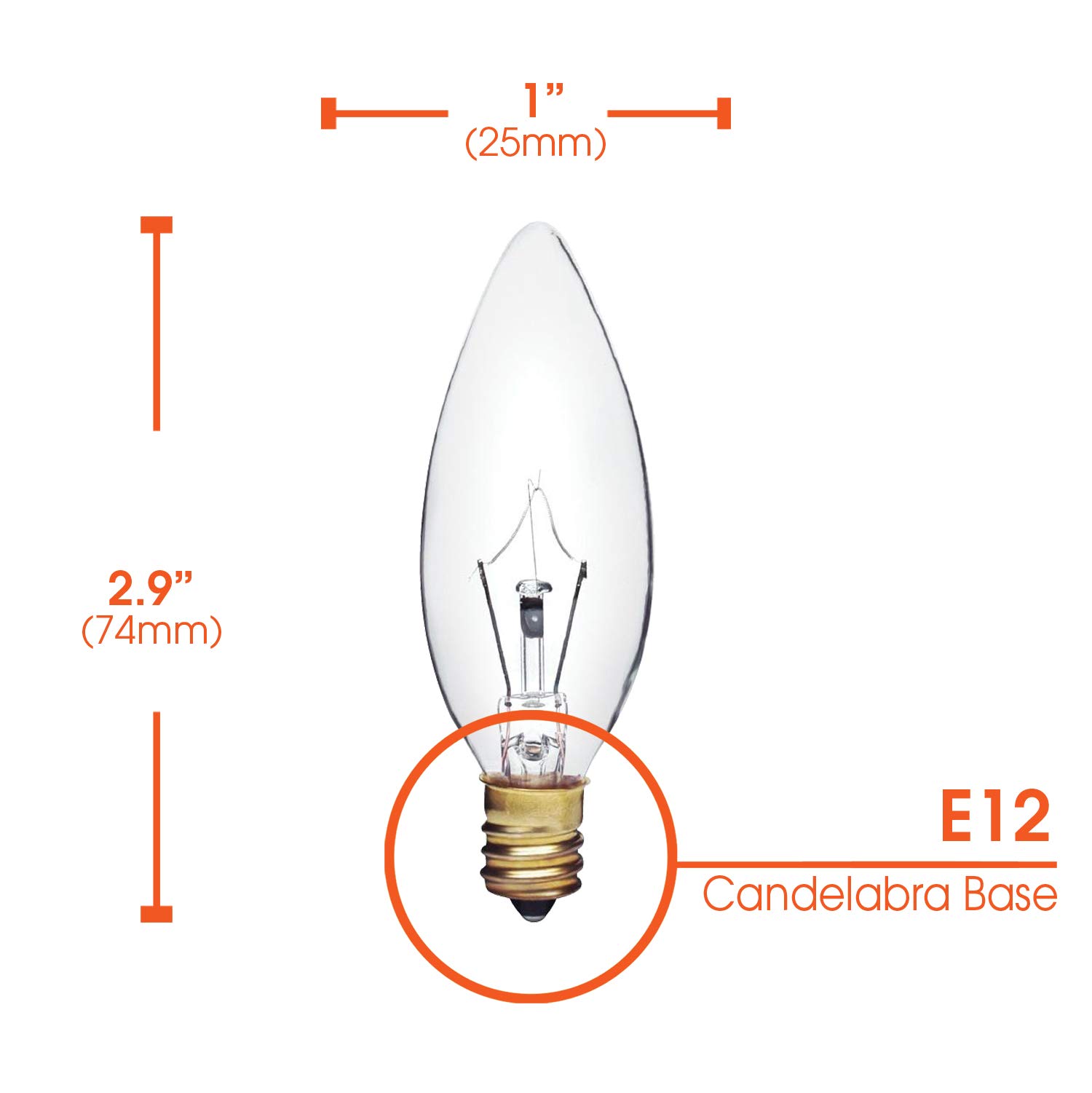 25W B8 Incandescent Clear Chandelier Light Bulb, Torpedo Tip, E12 Candelabra Base, 160 Lumens, Dimmable, 120V, (6 Pack)