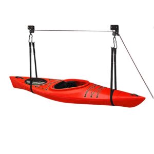 great working tools kayak hoist - kayak storage pulley system for garage, 125 pound capacity ceiling mount hoists for kayak, bicycle, paddleboard, canoe - heavy duty kayak accessories