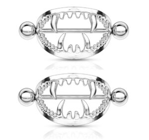 pierced owl gothic fangs barbell nipple shields, sold as a pair