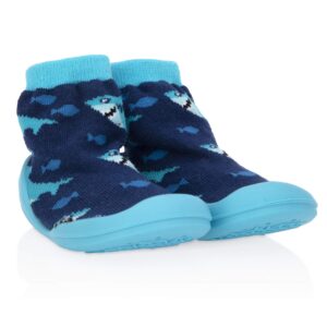 nuby snekz comfortable rubber sole sock shoes for first steps- blue sharks, large 22-30 months