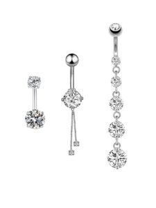 hqla 14g dangle belly button rings round clear cz navel curved barbell studs surgical steel sexy body piercing 3 pcs a set (steel)