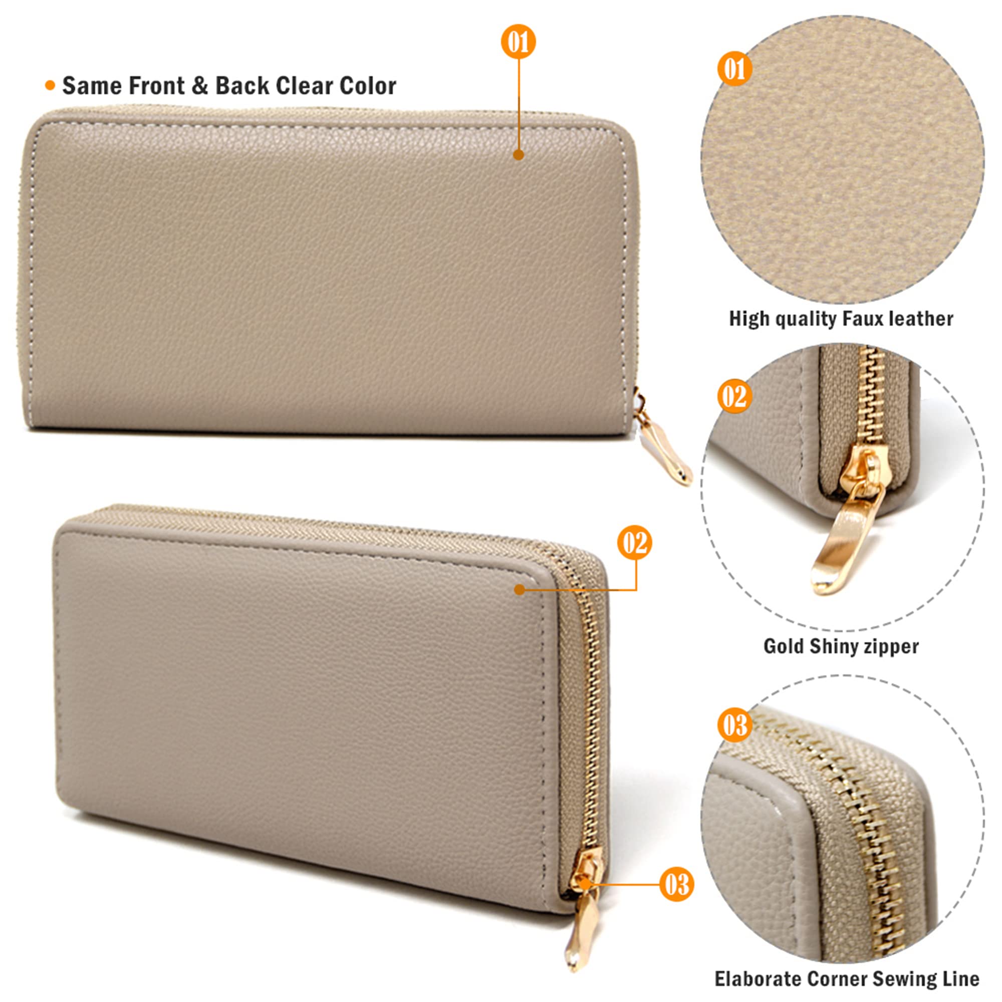 Me Plus Women Fashion Solid Color Faux Leather PU Long Wallet with Zipper Closure Card Slots Zippered Coin Pouch (Beige)